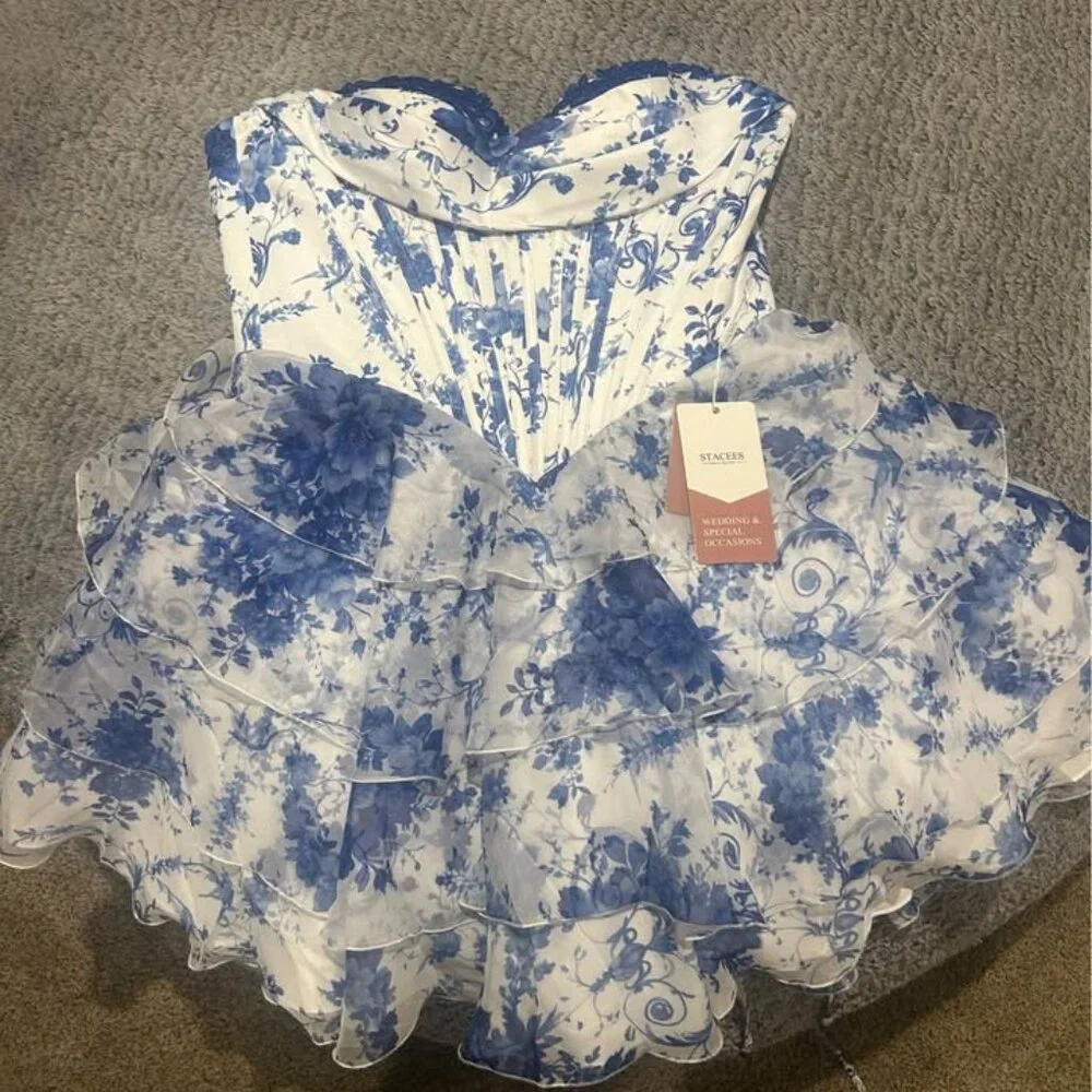 Stacees | Dresses | Aline Cowl Neck Blue Floral Print Strapless Laceup ...